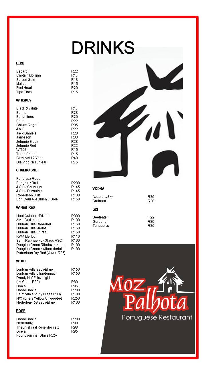 Menu at Moz Palhota restaurant, Centurion