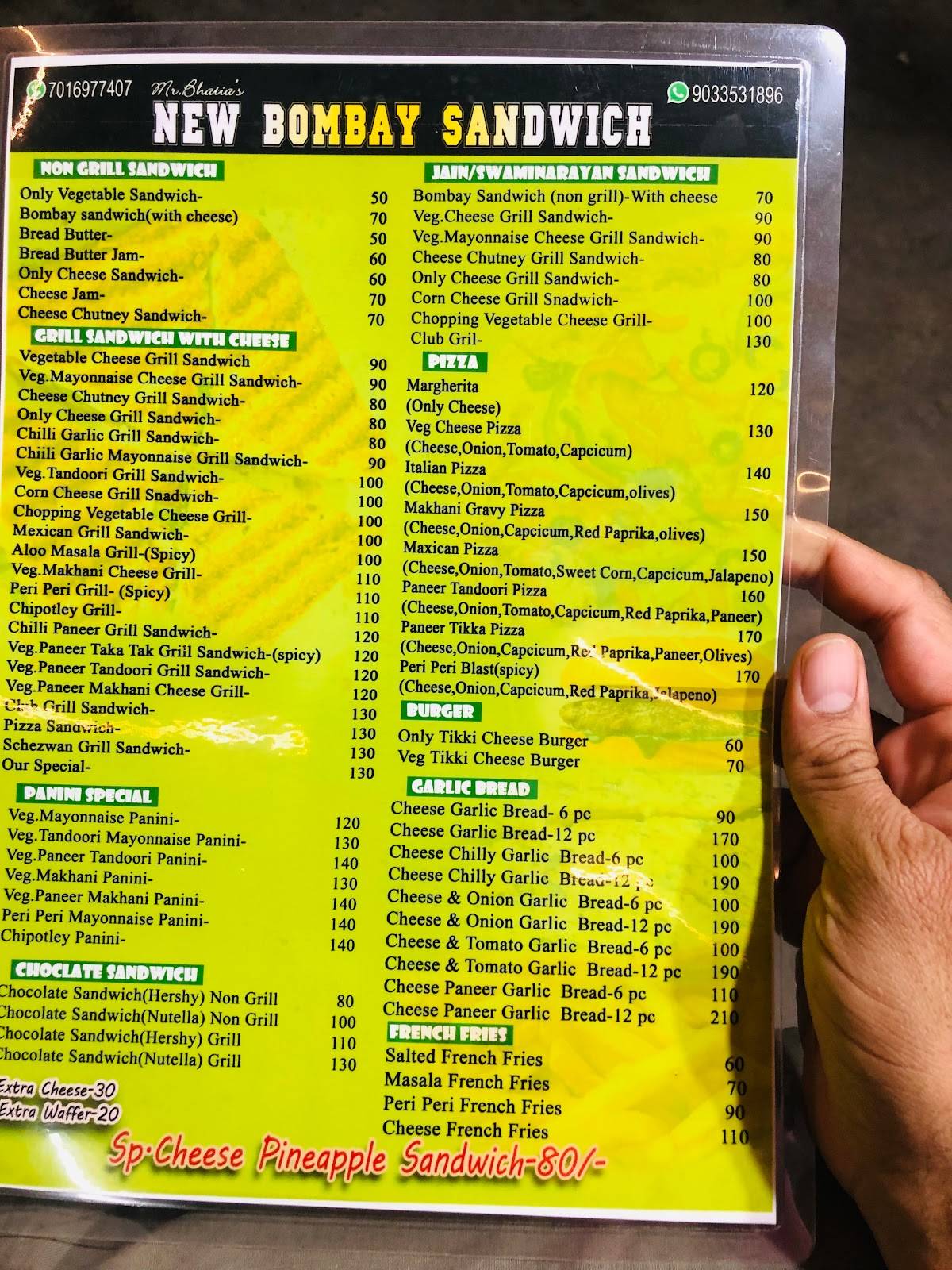 Menu at Mr.Bhatia's New Bombay Sandwich, Anand