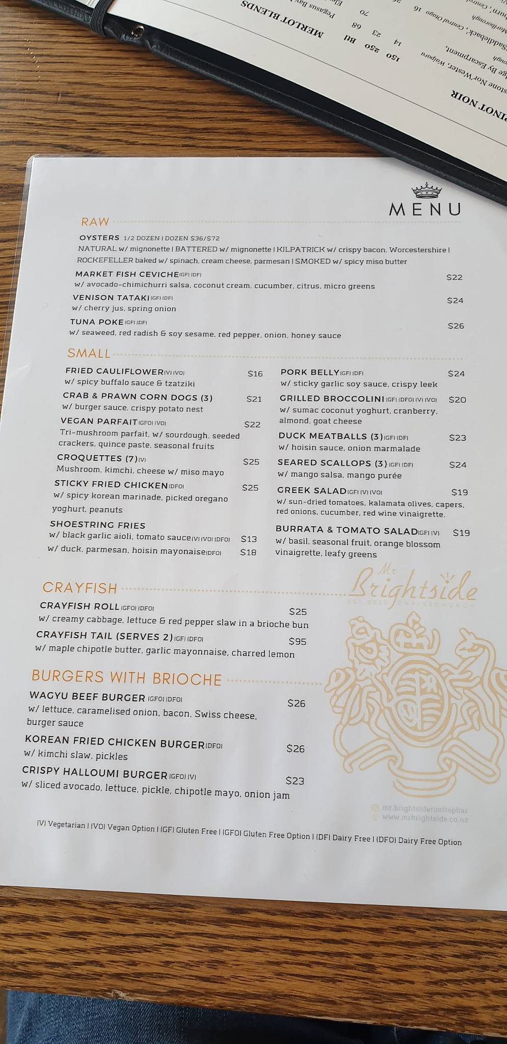 Menu at Mr. Brightside Rooftop Bar, Christchurch