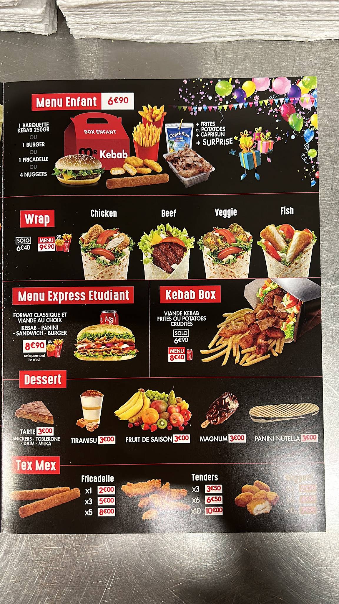 Menu au Mr Kebab fast food, Armentières