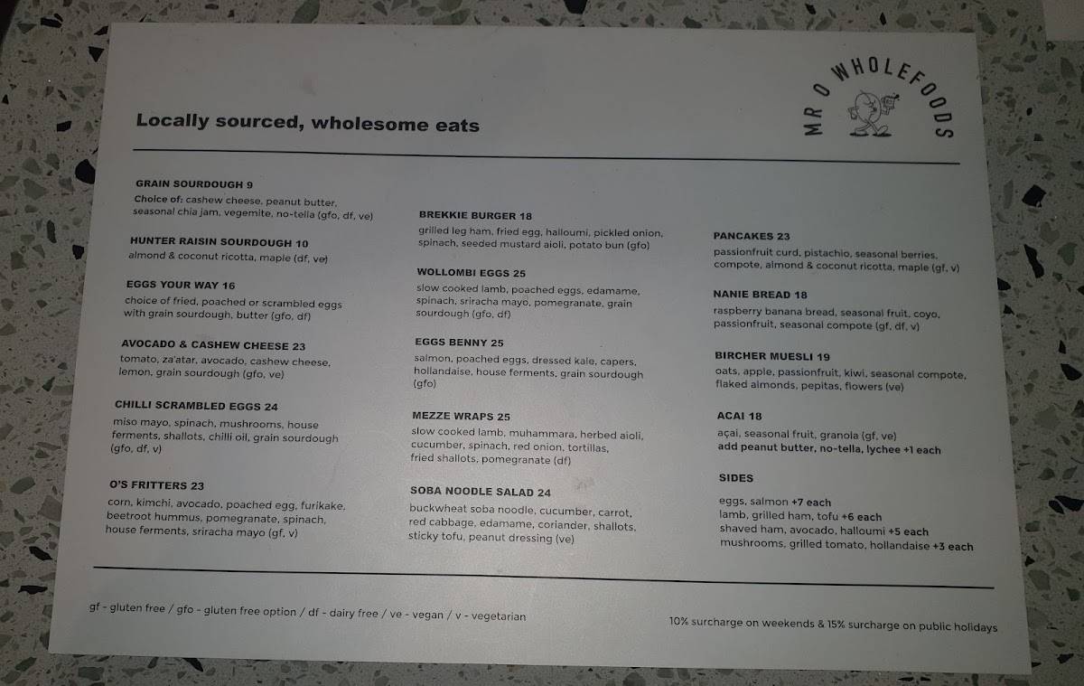 Menu at Mr O Wholefoods cafe, Cessnock
