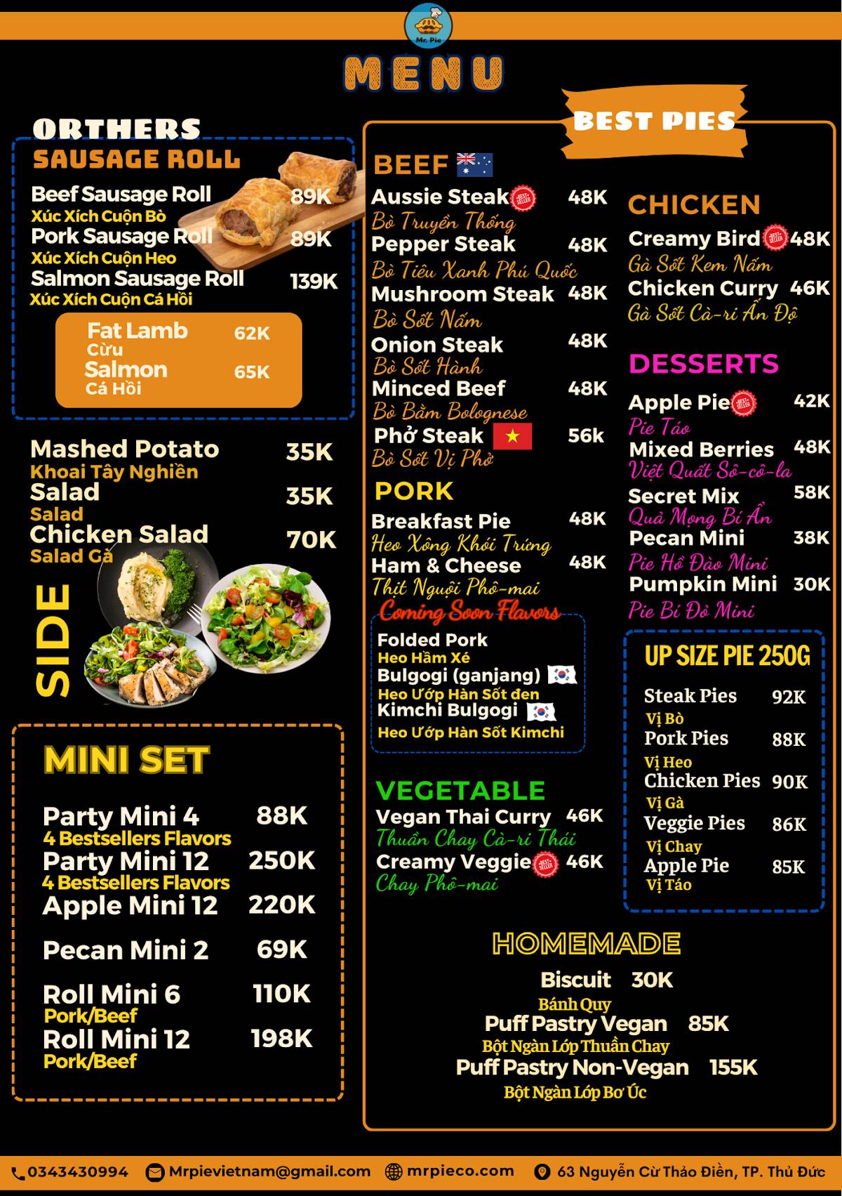 Menu at Mr. Pie bakery, Ho Chi Minh City, 63 Nguyễn Cừ