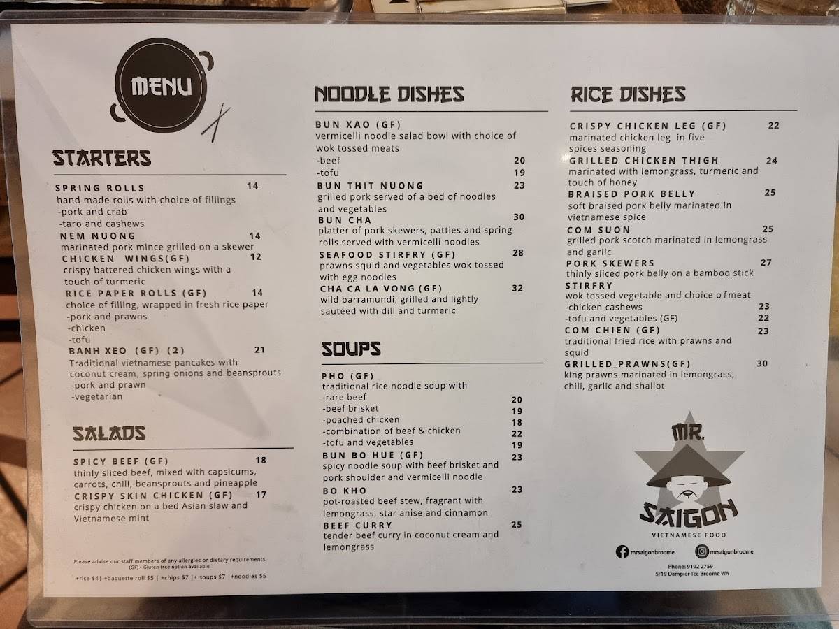 Menu at Mr Saigon restaurant, Broome