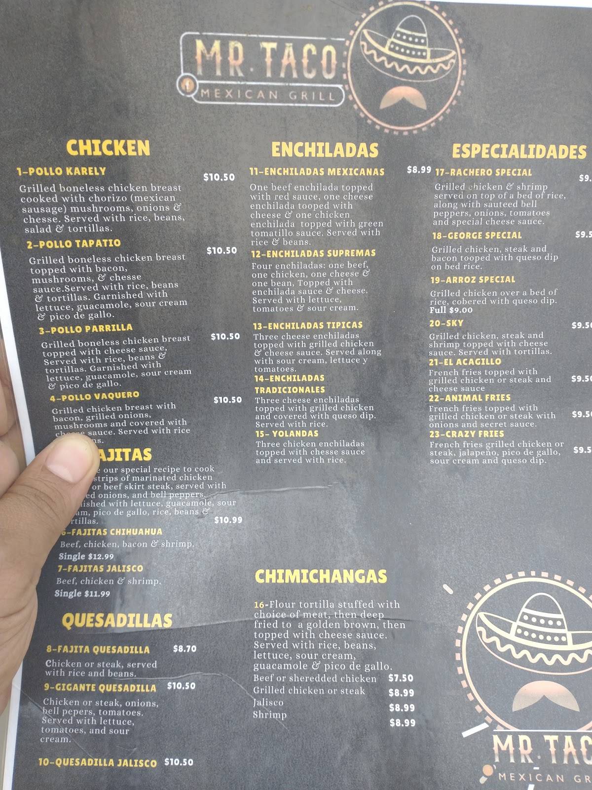 Menu at Mr. Taco Mexican Grill restaurant, Corning