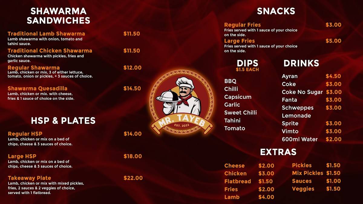Menu at Mr. Tayeb, Reservoir