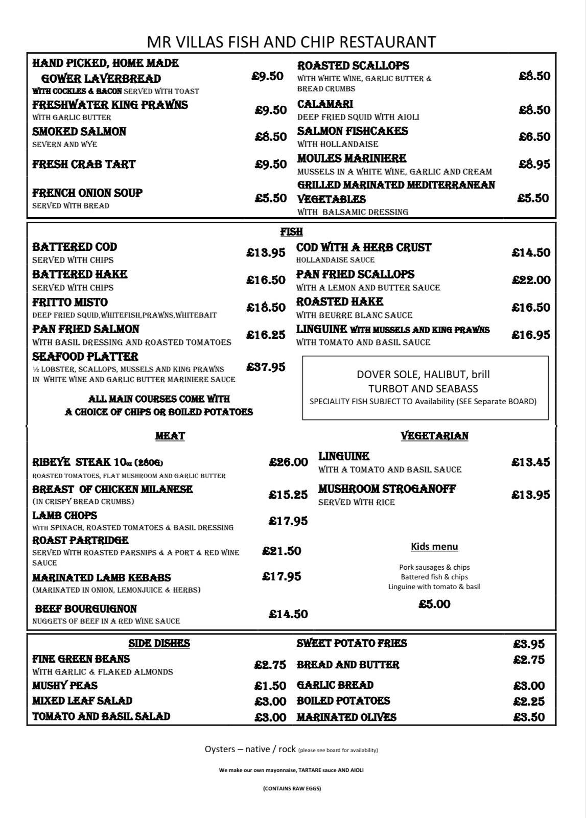 Menu at Mr Villa's Fish & Chip Restaurant & Oyster Bar, Barry
