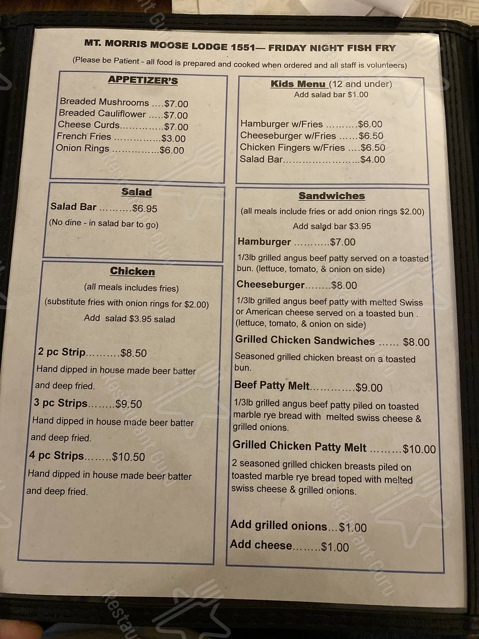 Menu at Mt. Morris Moose Family Center club, Mount Morris