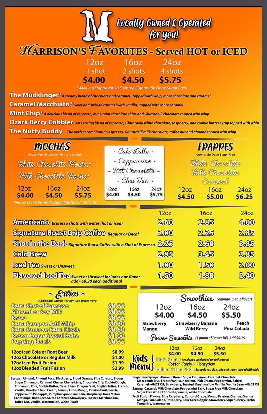 Menu at Mudslingers Drive Thru Coffee restaurant, Harrison