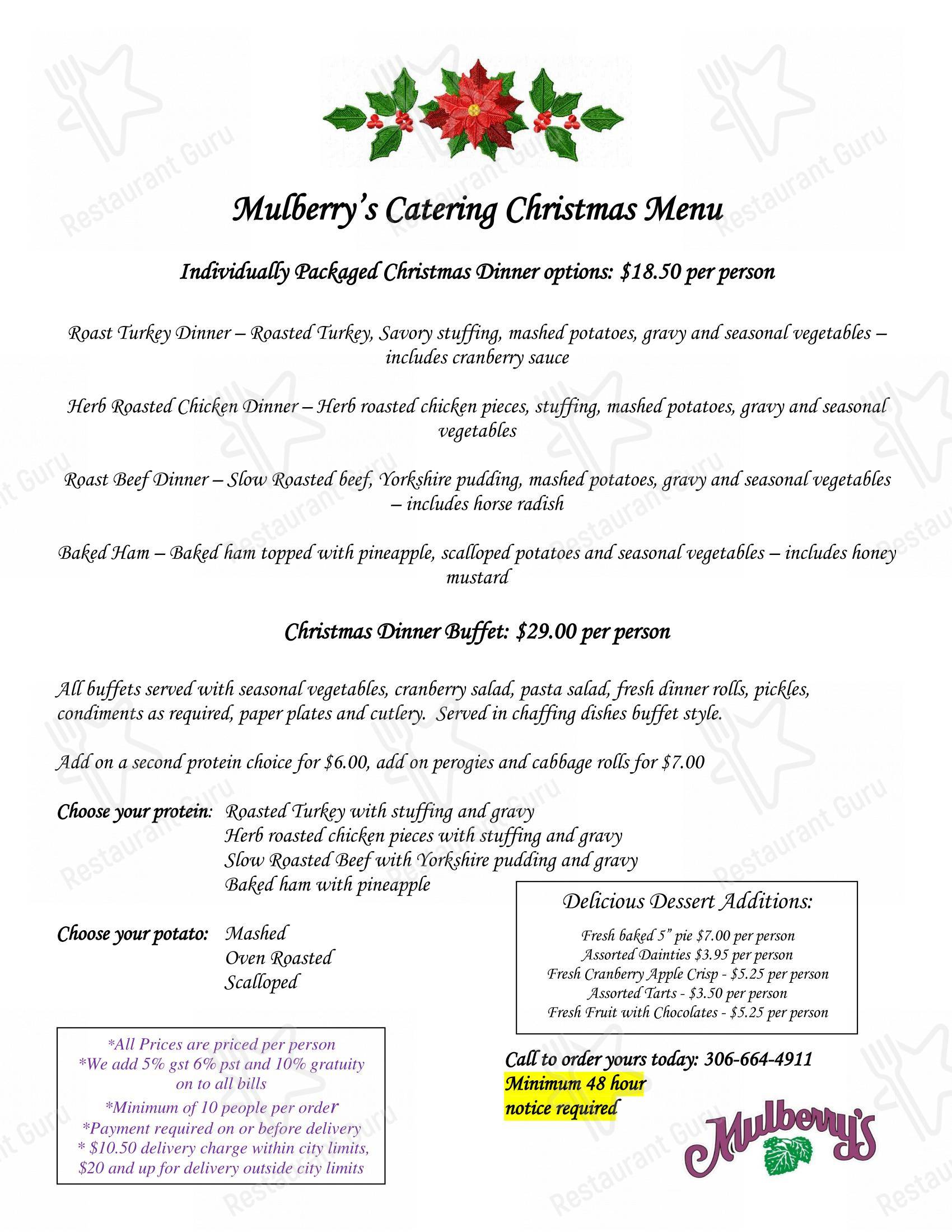 Menu at Mulberry's Restaurant and Catering, Saskatoon
