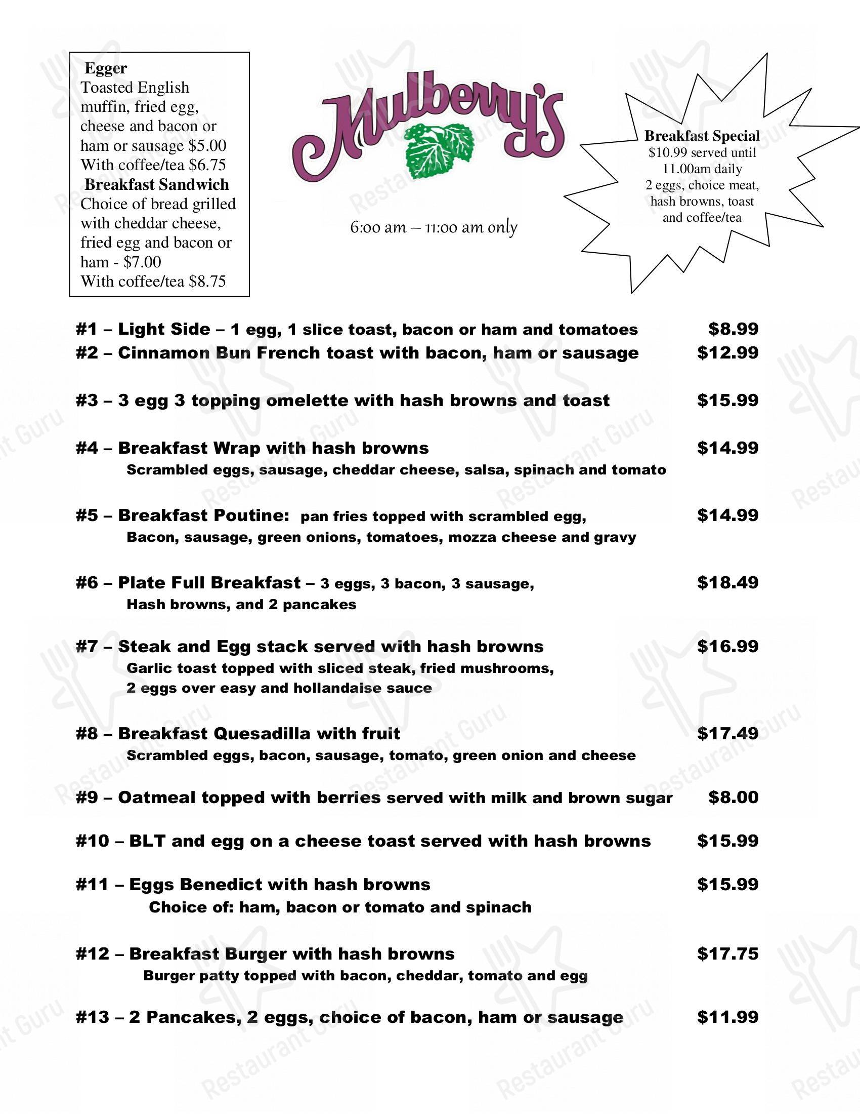 Menu at Mulberry's Restaurant and Catering, Saskatoon