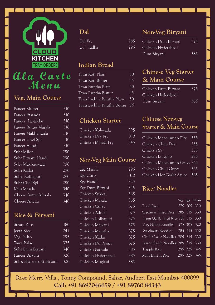Menu at Cloud Kitchen, Mumbai