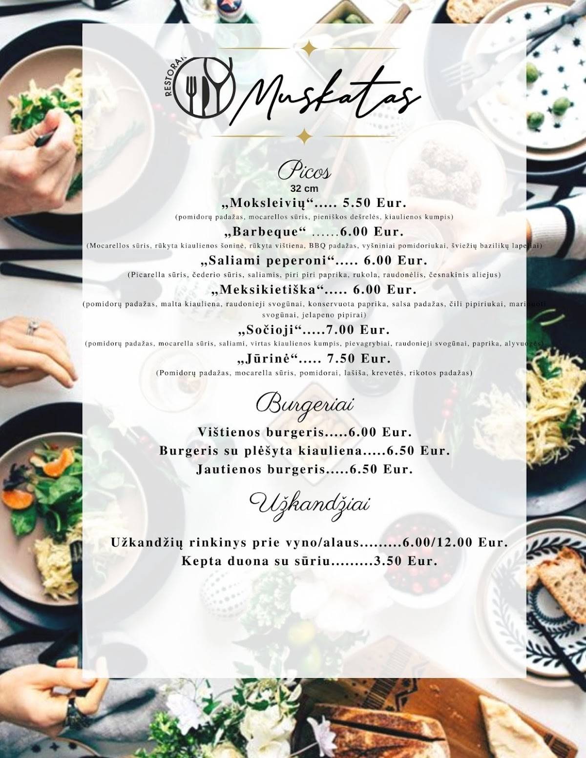 Menu at Muskatas restaurant, Rietavas