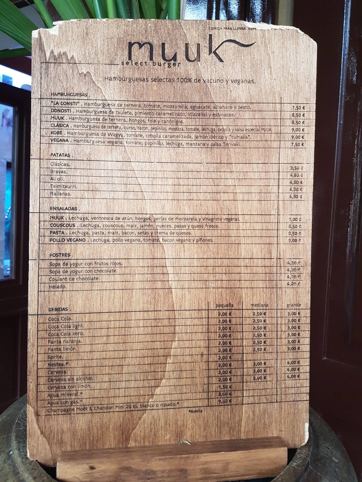 Carta del restaurante Muuk, San Sebastián, Plaza del la Constitución