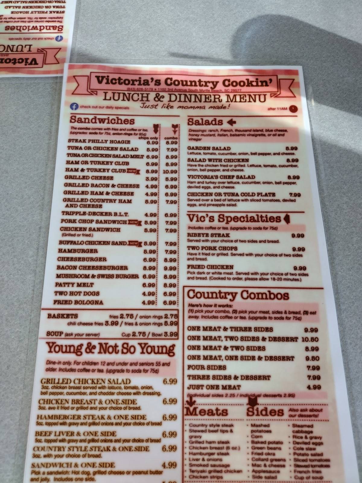 Menu at Victoria’s Country Cookin’ restaurant, Myrtle Beach
