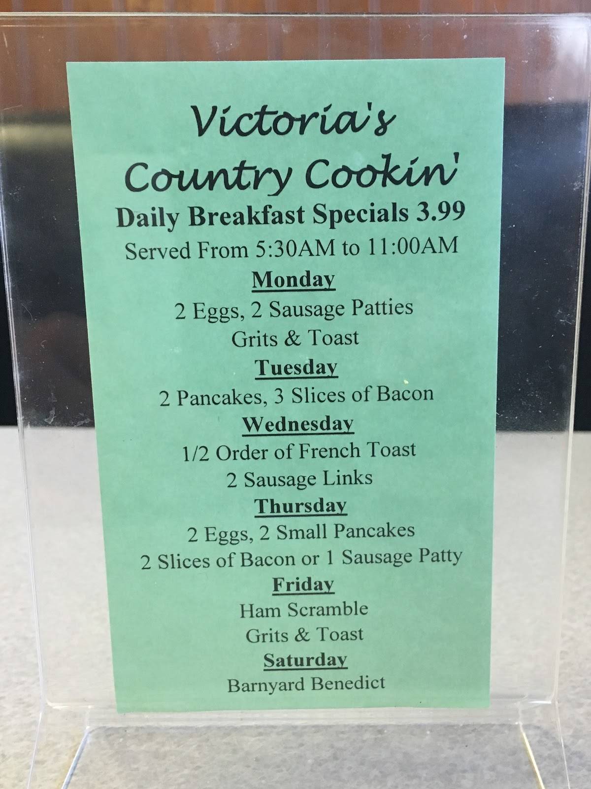 Menu at Victoria’s Country Cookin’ restaurant, Myrtle Beach
