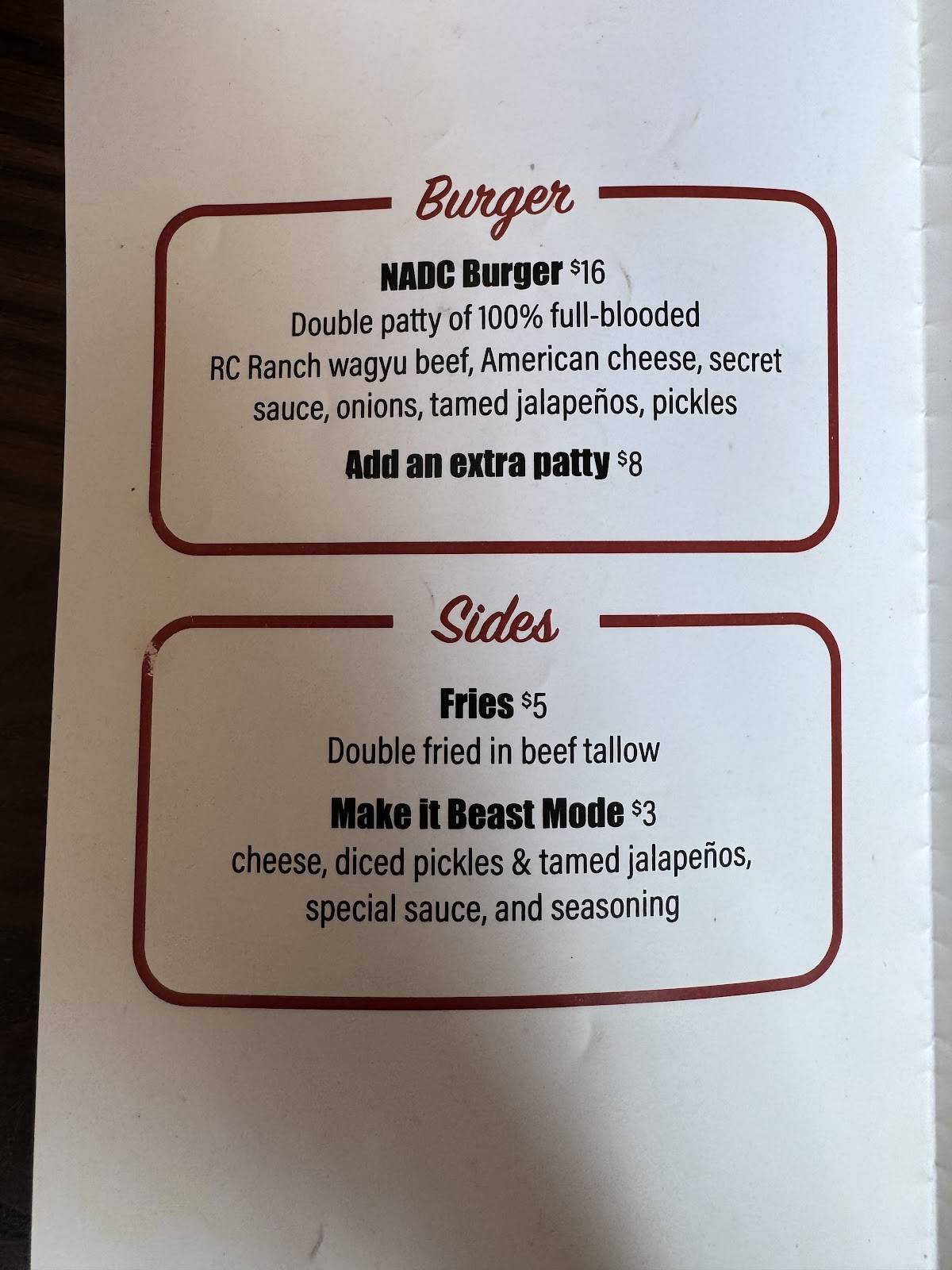 Menu at NADC Burger restaurant, Chicago