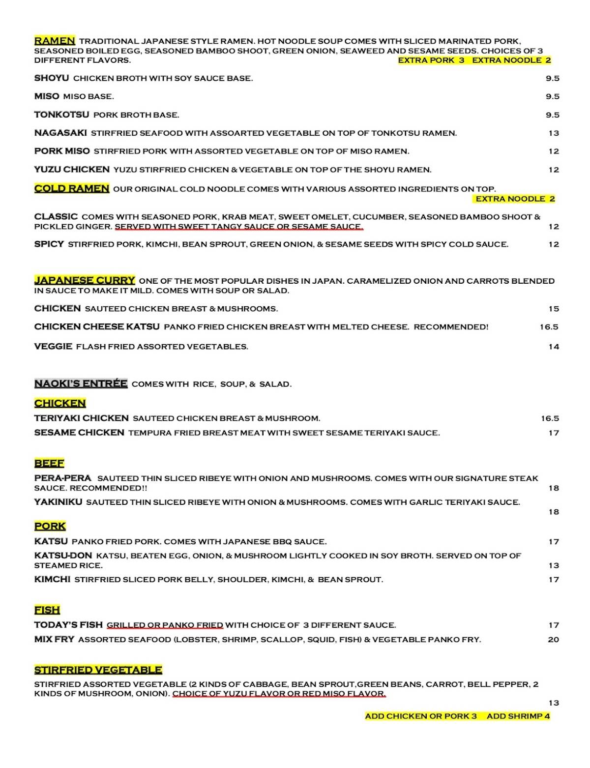 Menu at NAOKI JAPANESE CUISINE restaurant, Palm Bay