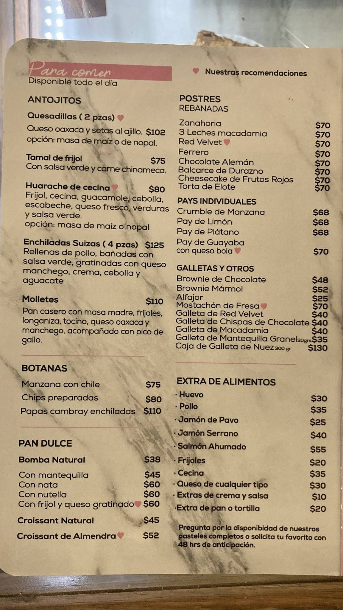 Carta de NATA CAFETERÍA Cuauhtémoc, Veracruz