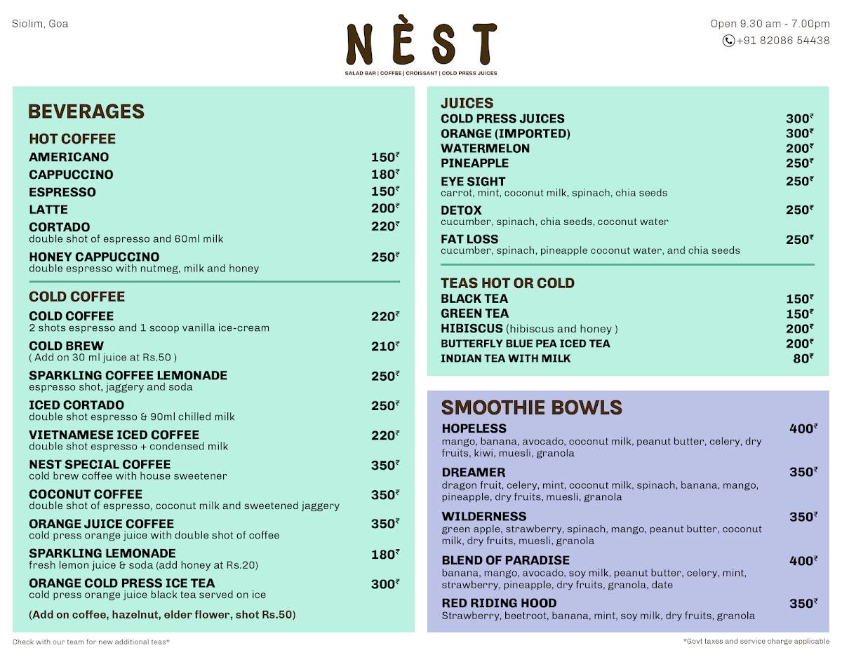 Menu at NEST GOA, Siolim
