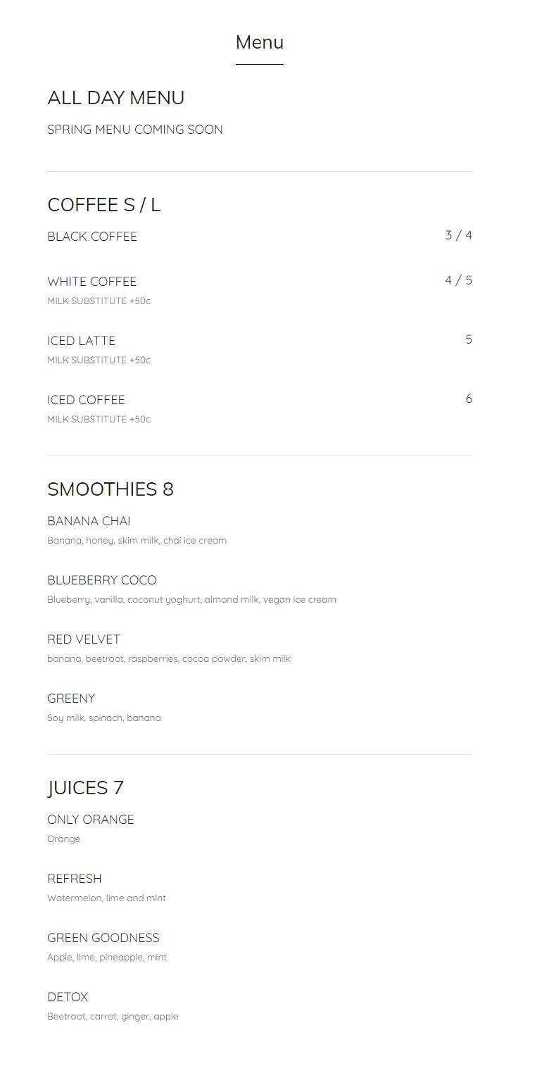Menu at NV Cafe, Trinity Beach