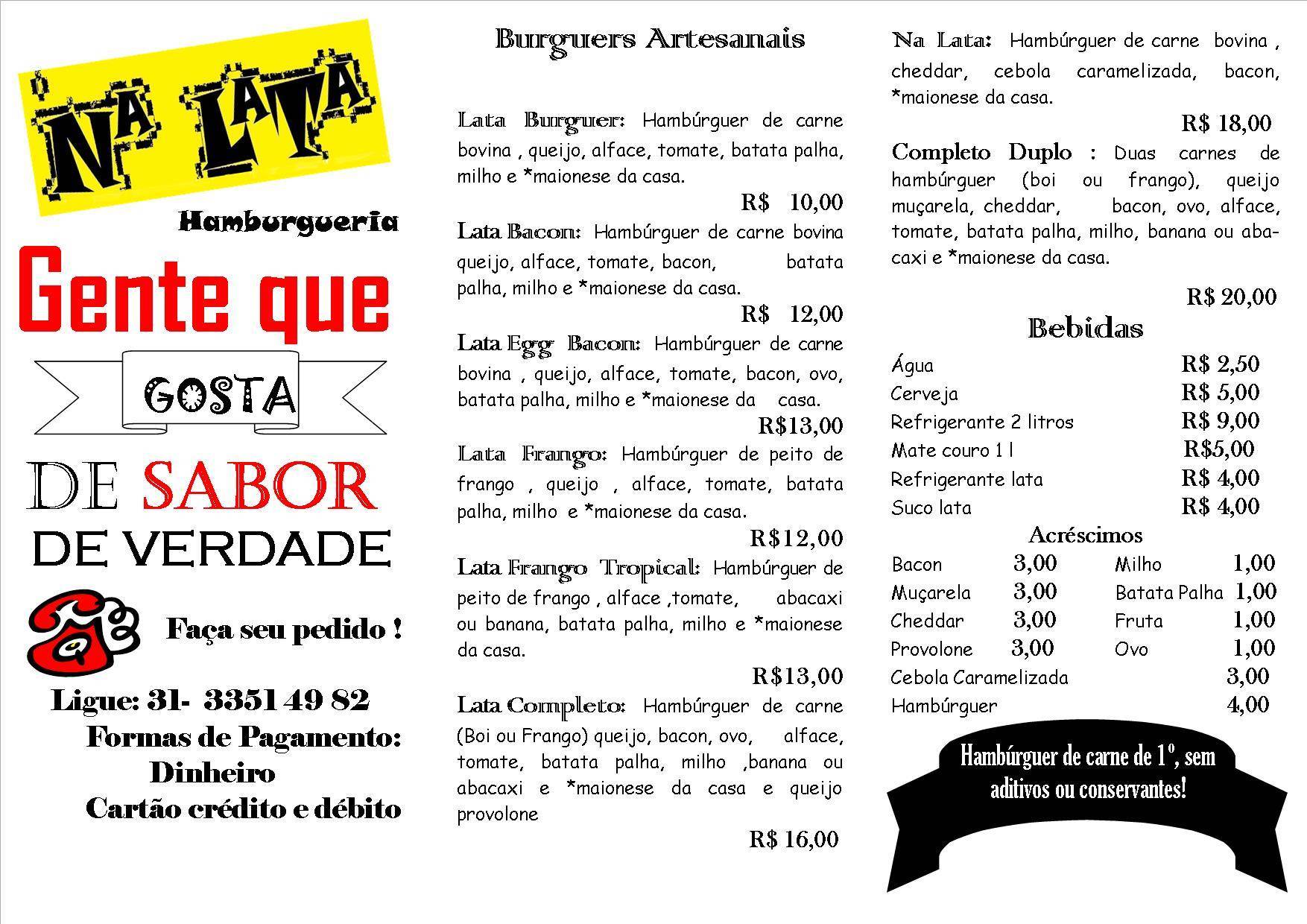 Menu em Na Lata restaurante, Contagem
