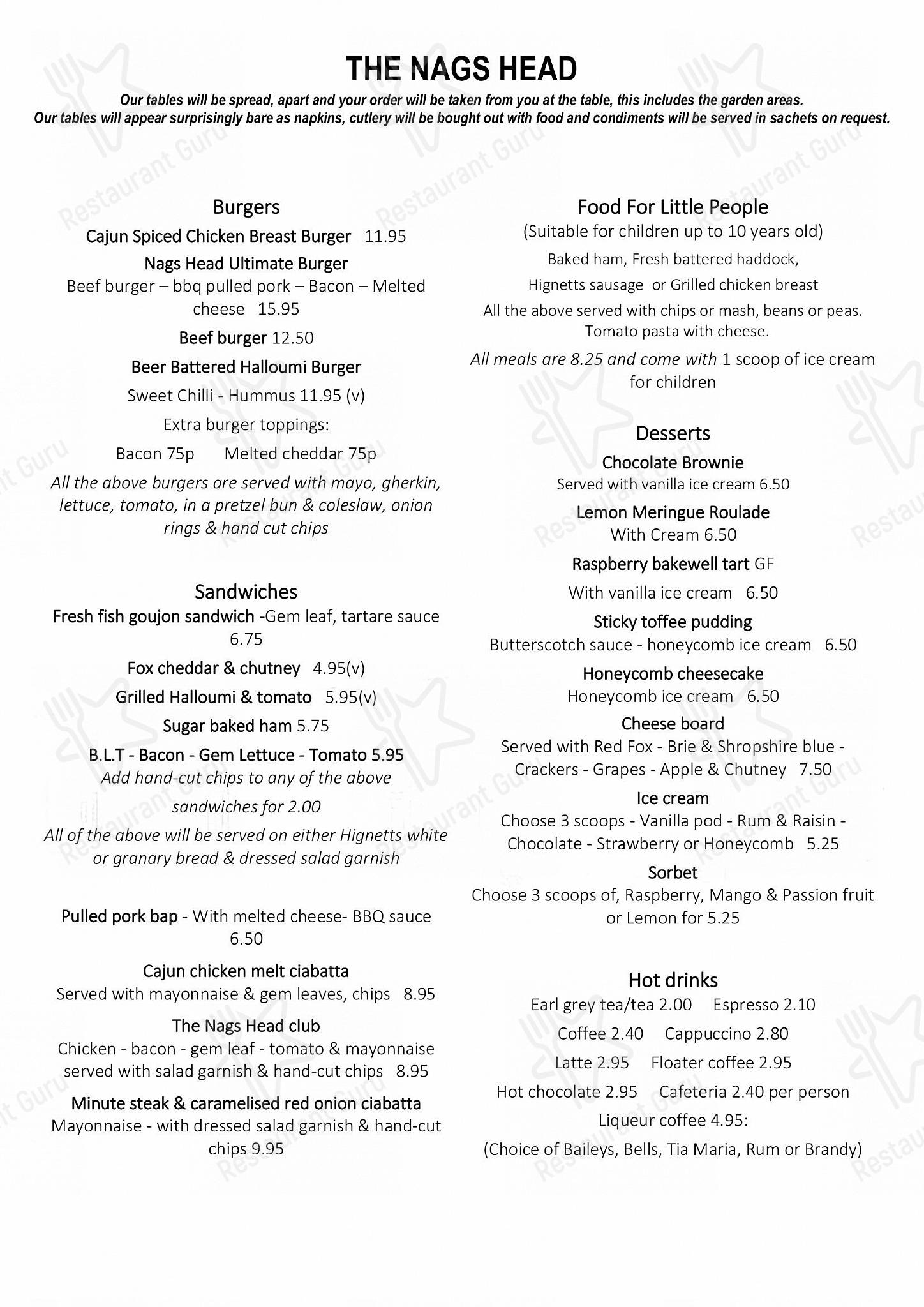 Menu at The Nags Head pub & bar, Pontesbury