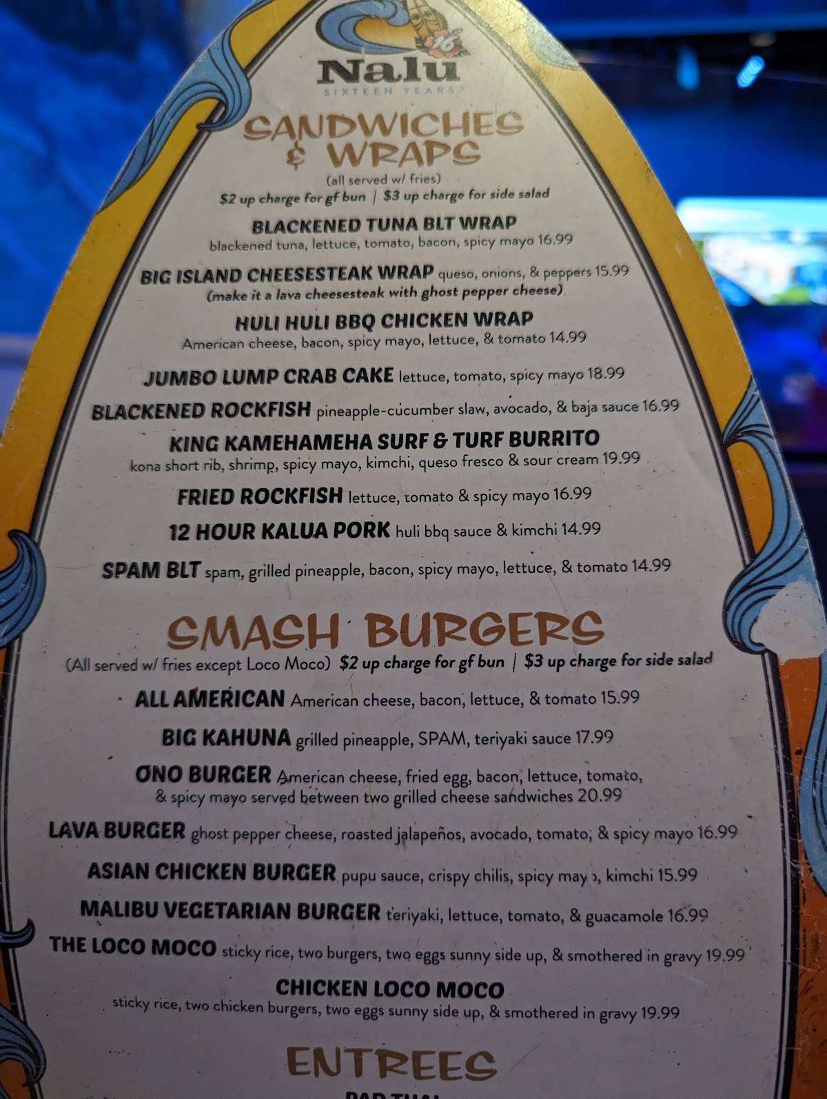 Menu at Nalu restaurant, Rehoboth Beach
