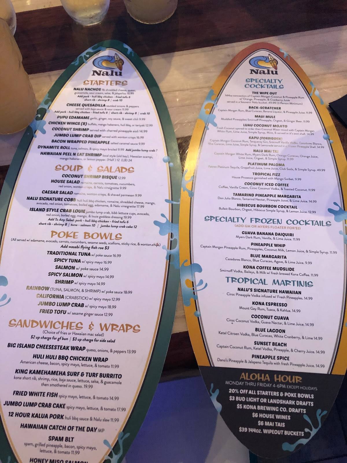 Menu at Nalu restaurant, Rehoboth Beach
