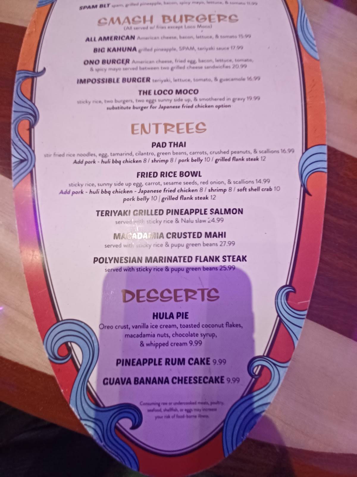 Menu at Nalu restaurant, Rehoboth Beach