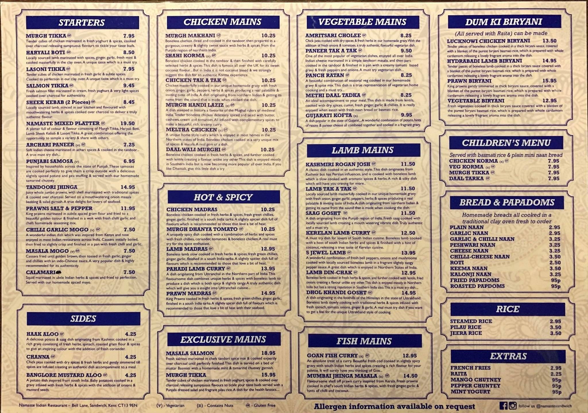 Menu at Namaste Sandwich restaurant, Sandwich