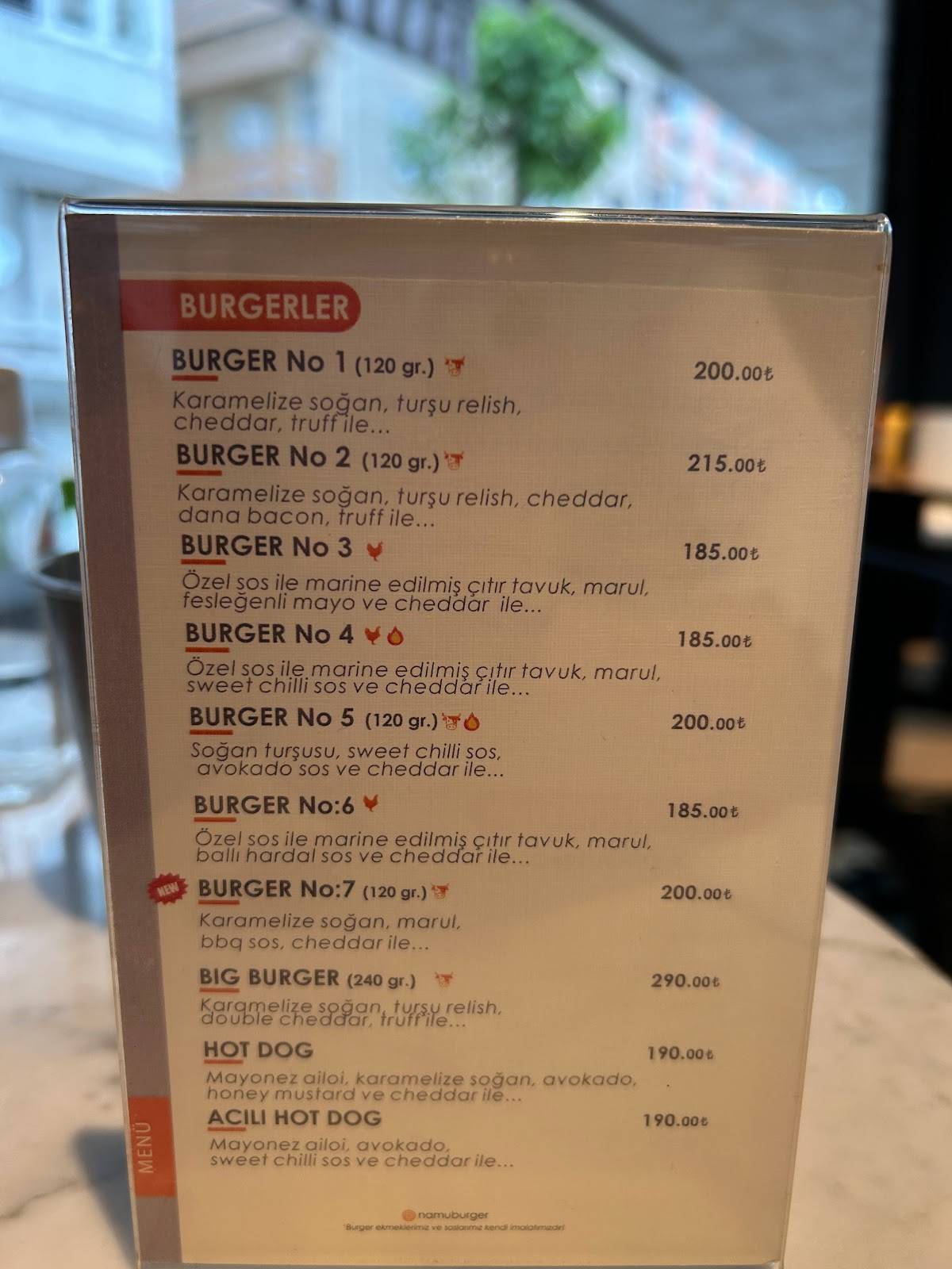 Menu at Namu Burger, Istanbul