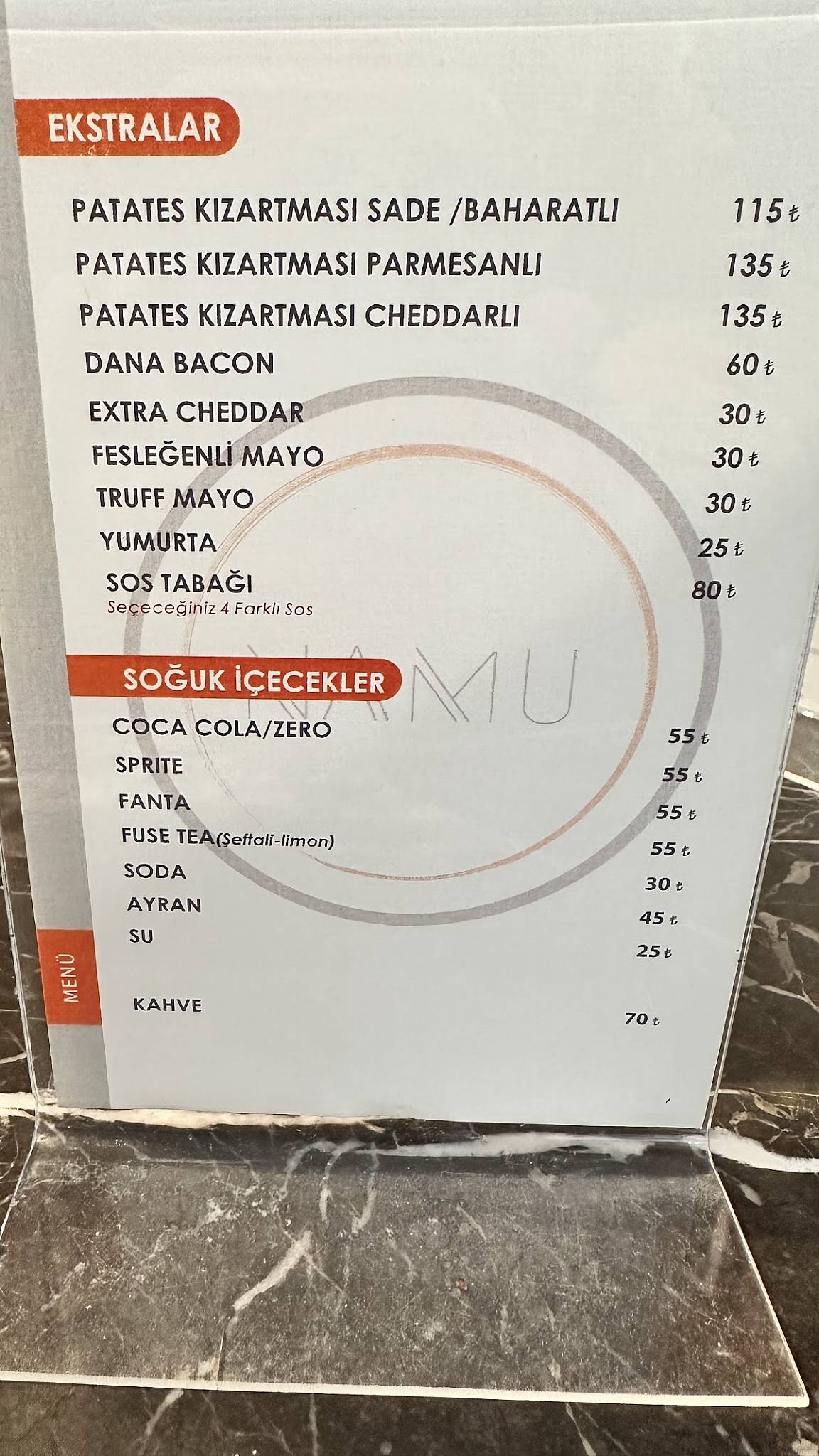 Menu at Namu Burger, Istanbul