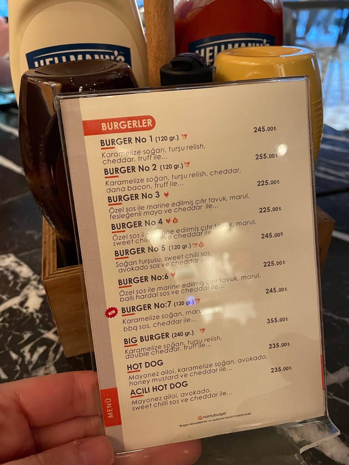 Menu at Namu Burger, Istanbul