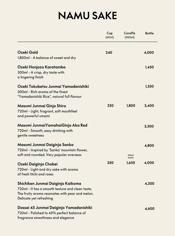 Menu at Namu restaurant, Ko Samui