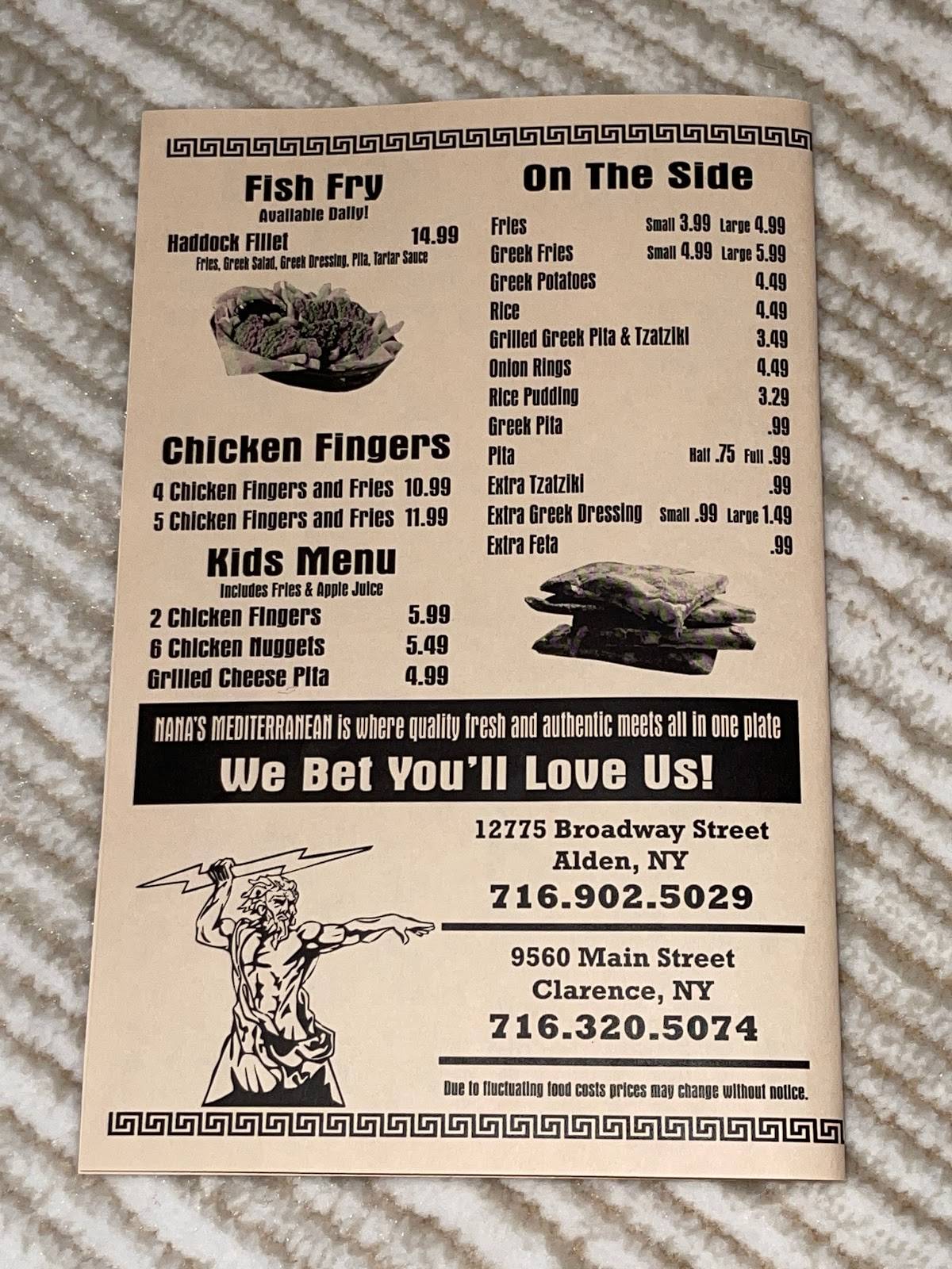 Menu at Nana's Mediterranean Clarence restaurant, Clarence