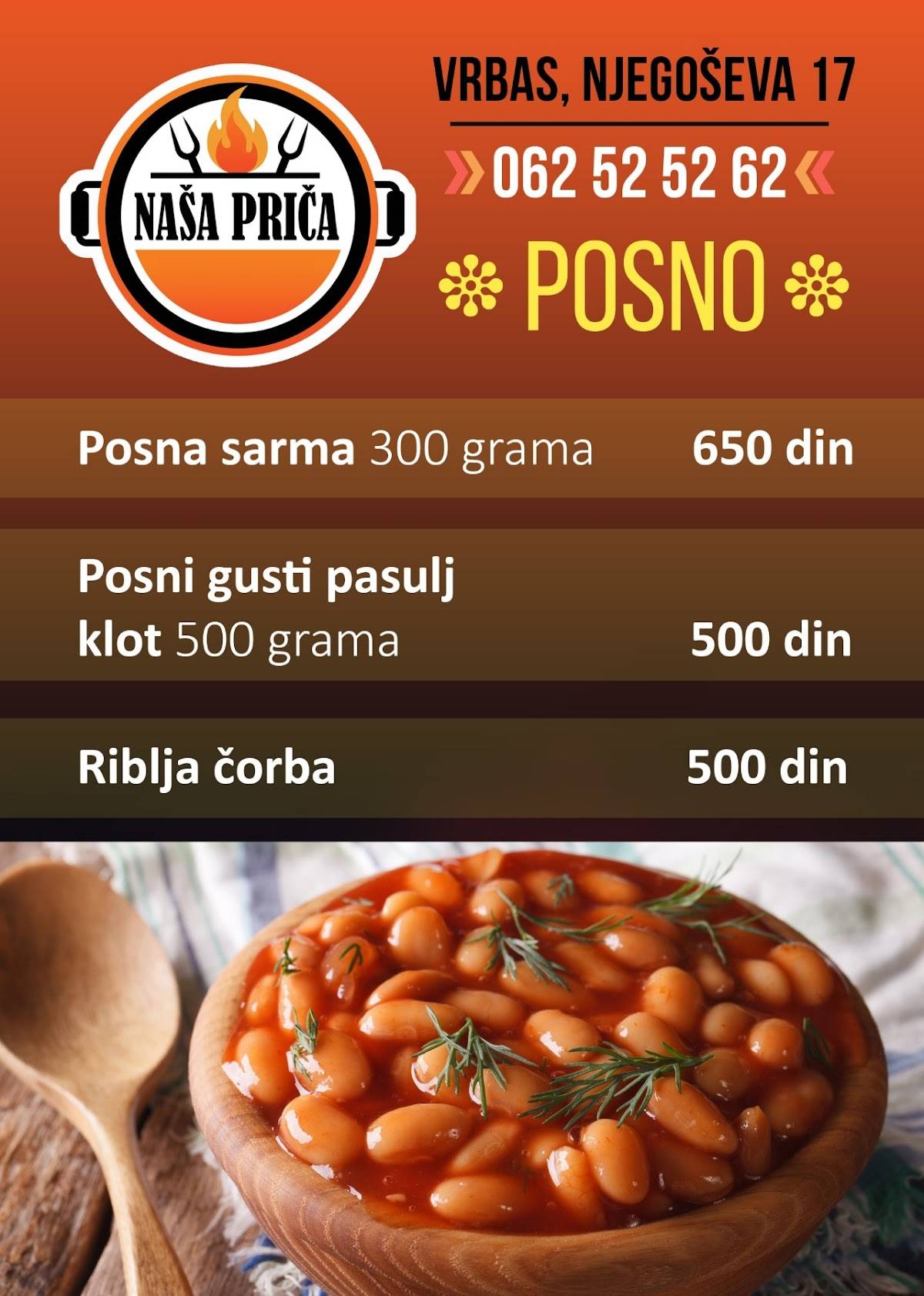 Menu at Naša Priča restaurant, Vrbas