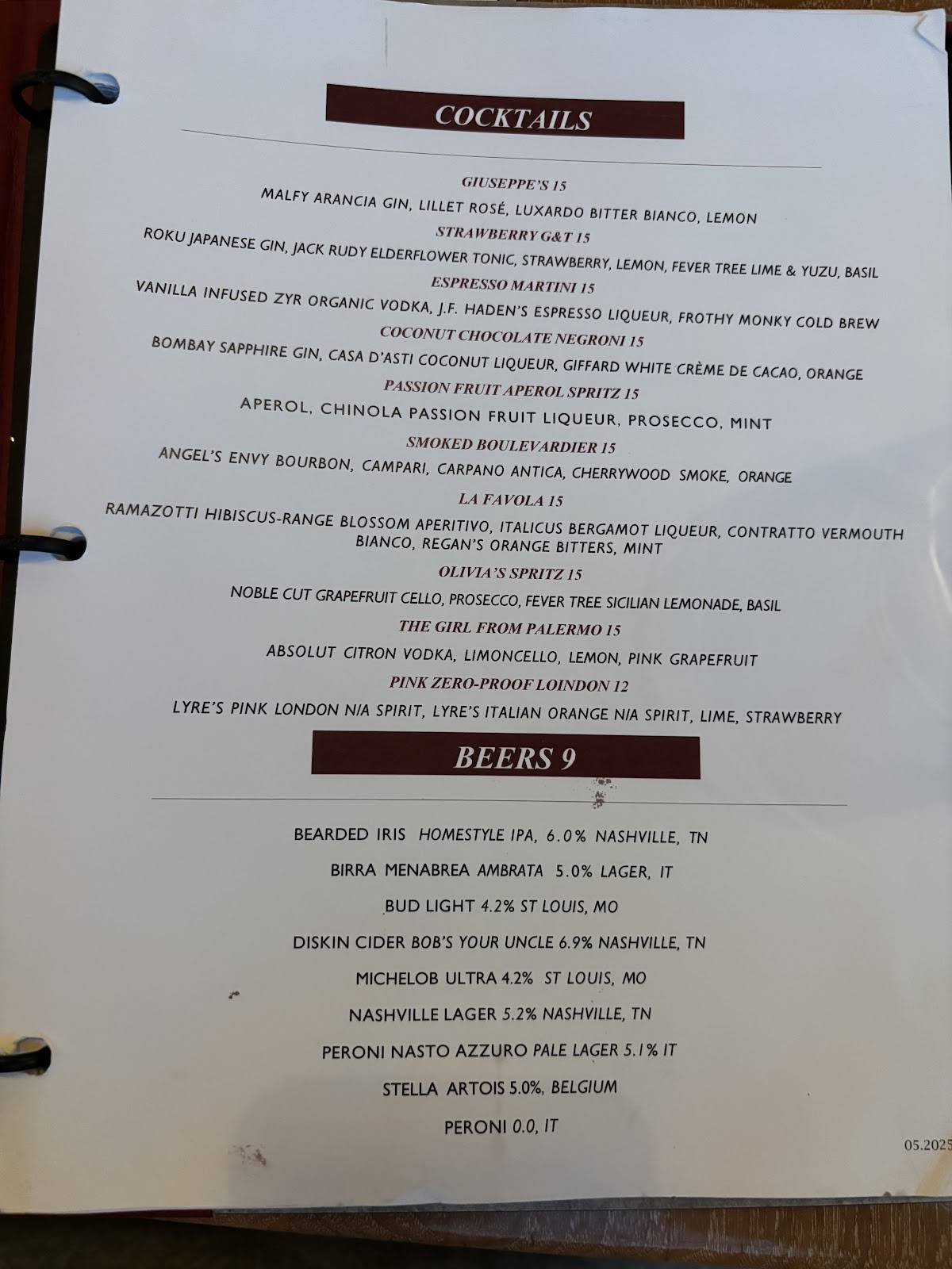 Menu at Ravello restaurant, Nashville, Opryland Dr