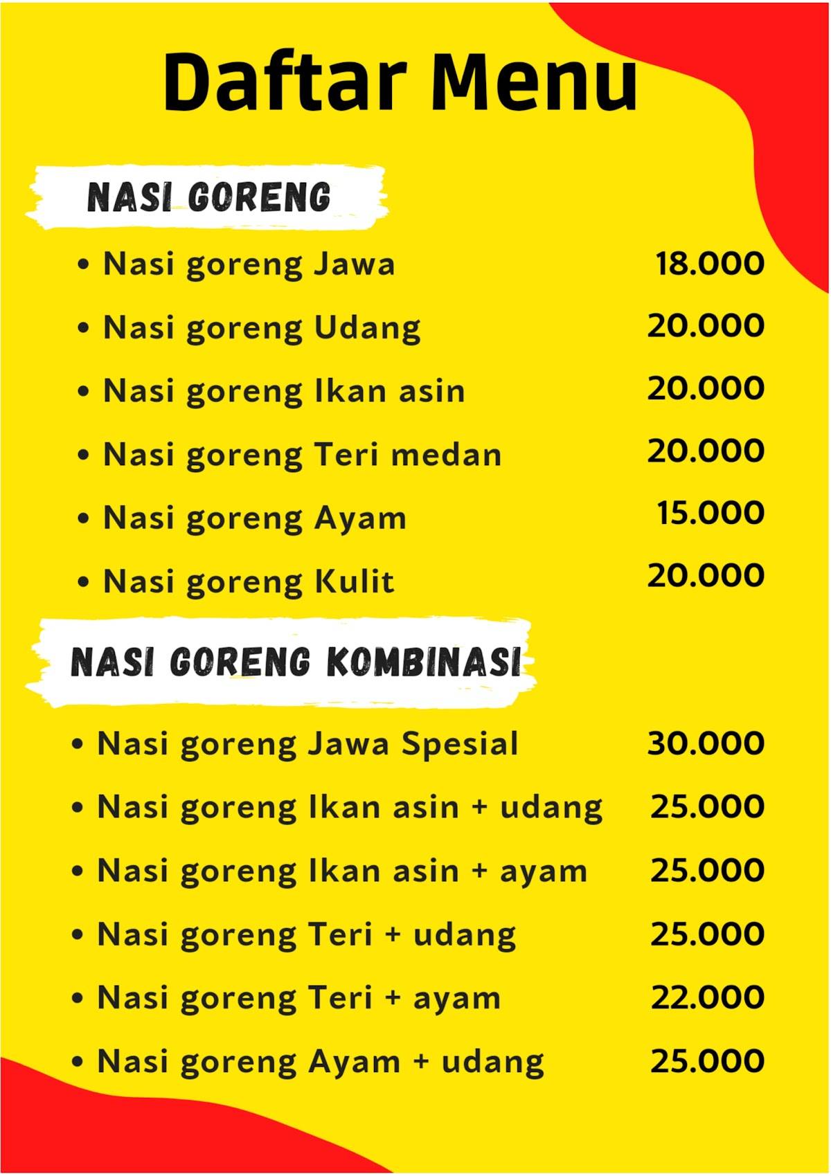Menu at Nasi Goreng Jawa restaurant, Tarakan