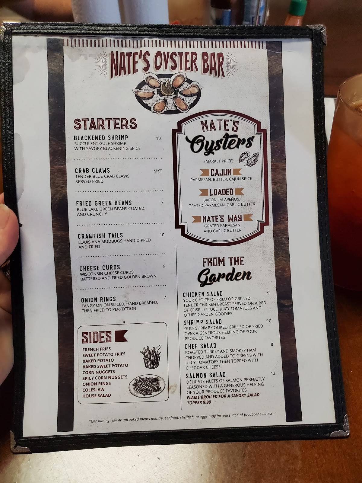 Menu at Nate's Oyster Bar, Slocomb, 342 Harris Hwy