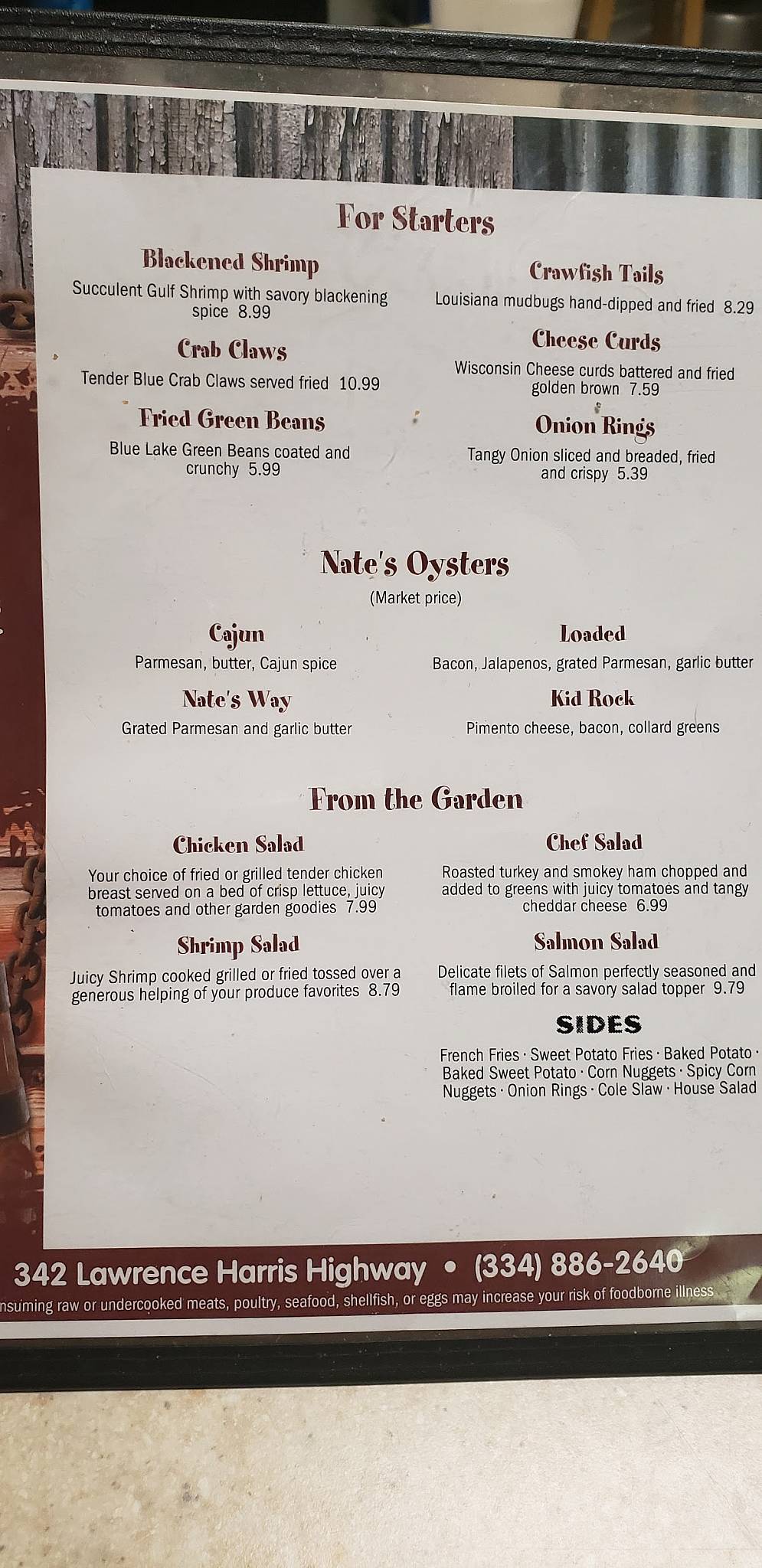 Menu at Nate's Oyster Bar, Slocomb, 342 Harris Hwy