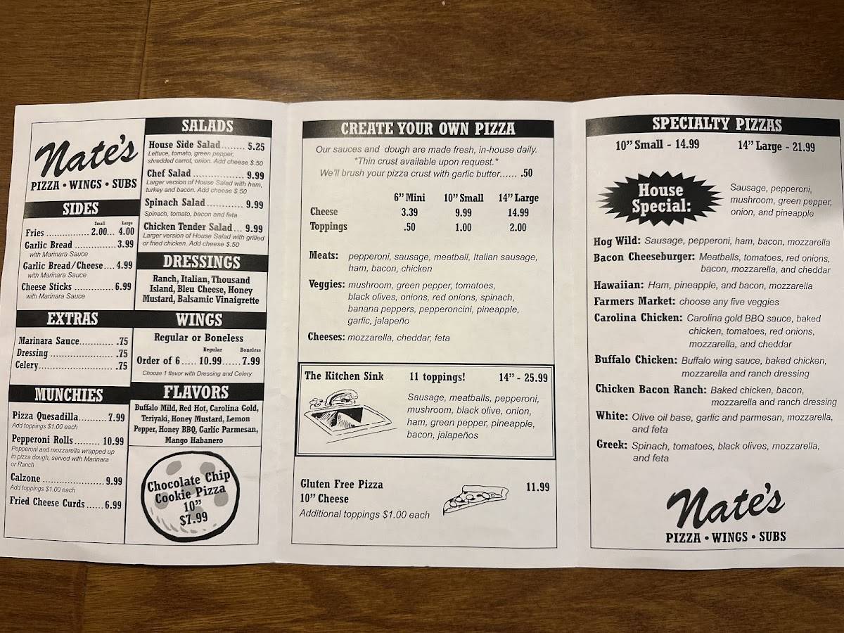 Menu at Nate’s pizzeria, Tigerville