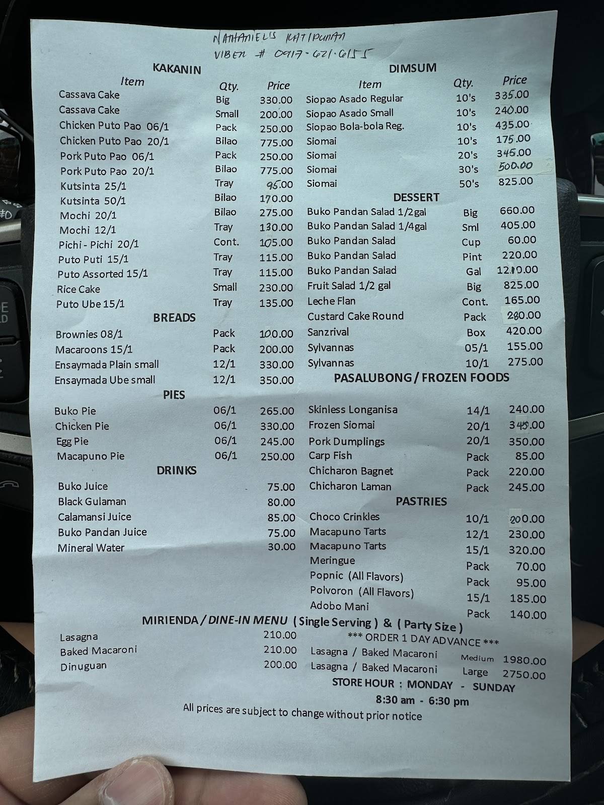 Menu at Nathaniel's Bakeshop restaurant, Quezon City, E