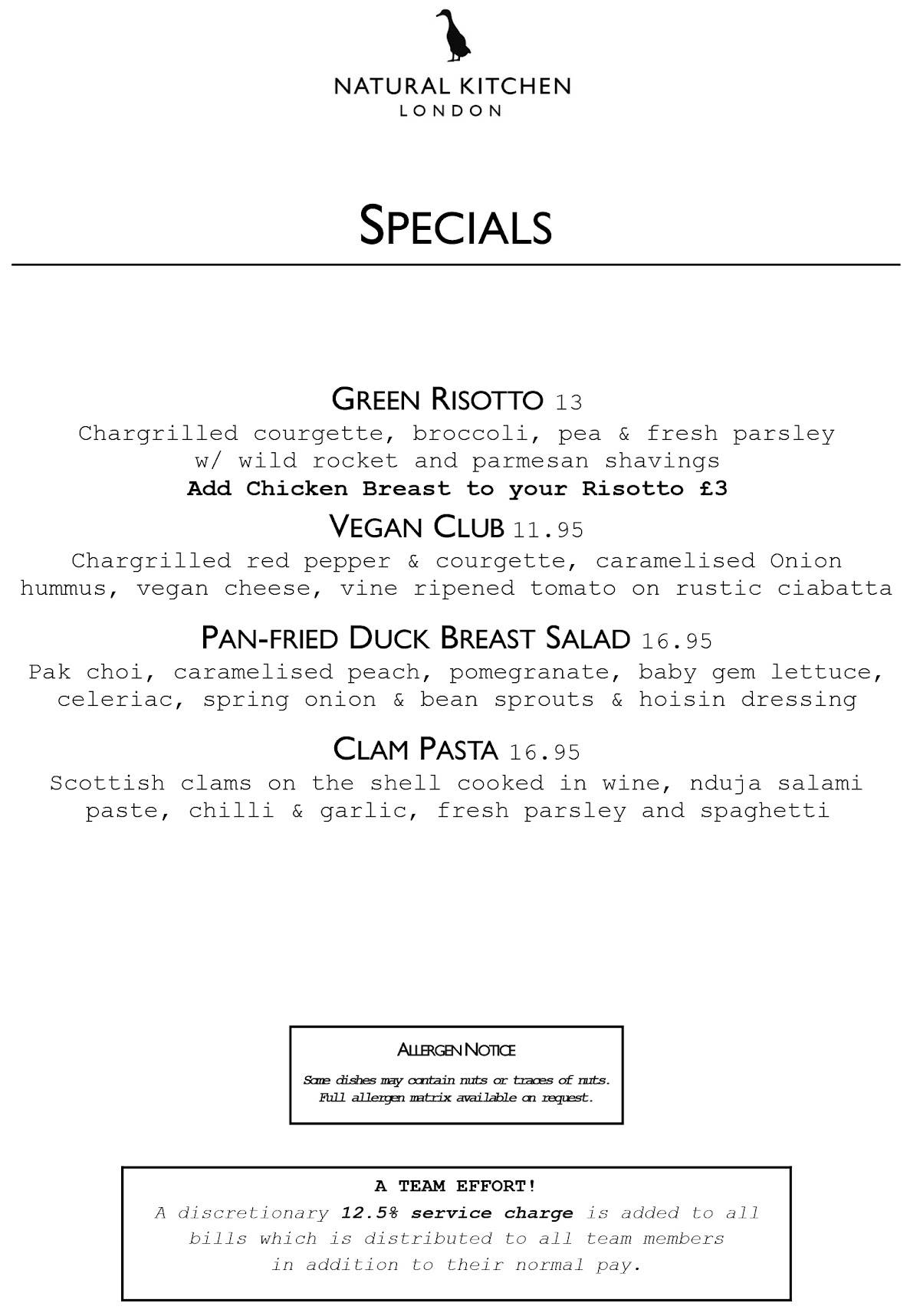 Menu at Natural Kitchen restaurant, London, 15-17 Nevill Ln