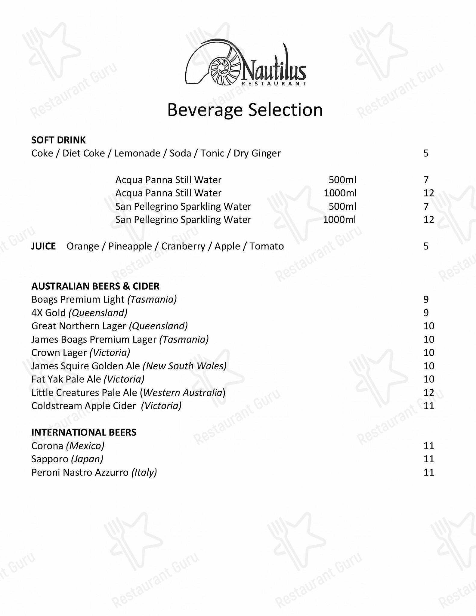 Menu at Nautilus Restaurant, Port Douglas