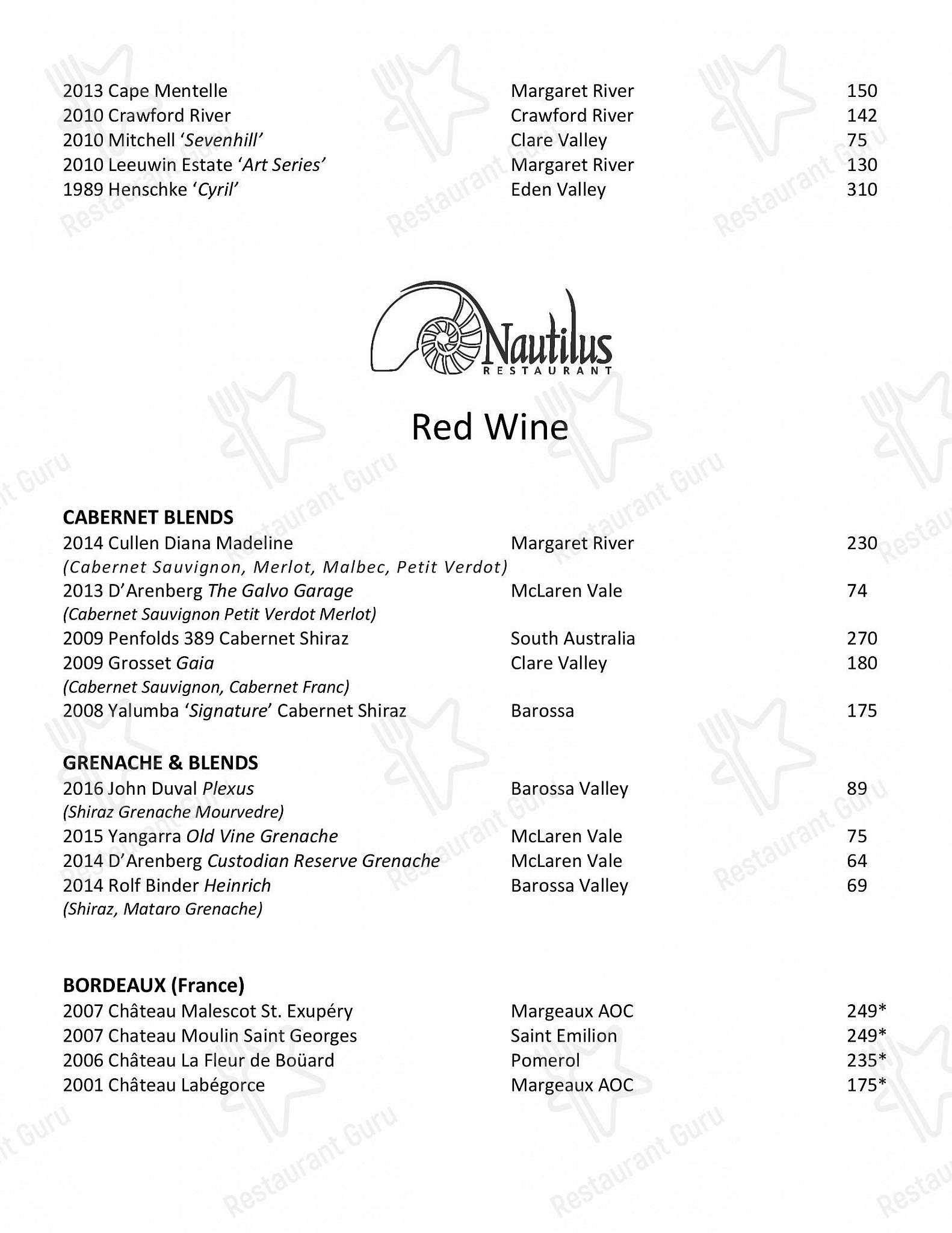 Menu at Nautilus Restaurant, Port Douglas