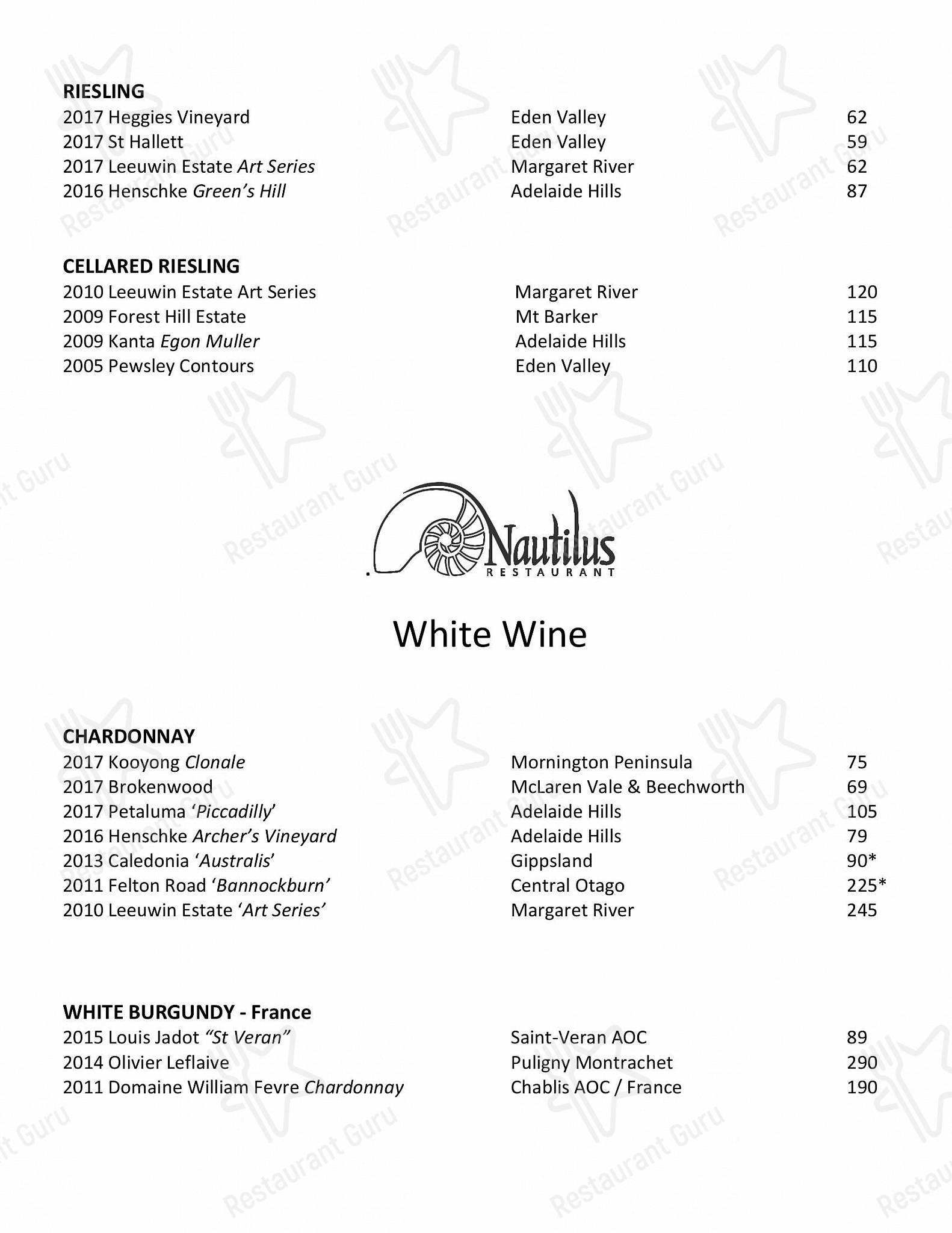 Menu at Nautilus Restaurant, Port Douglas