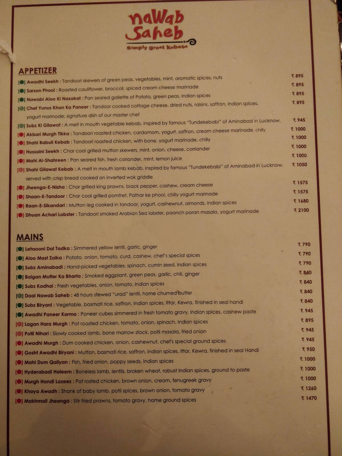 Menu at Nawab Saheb, Mumbai, The Westin Mumbai Powai Lake