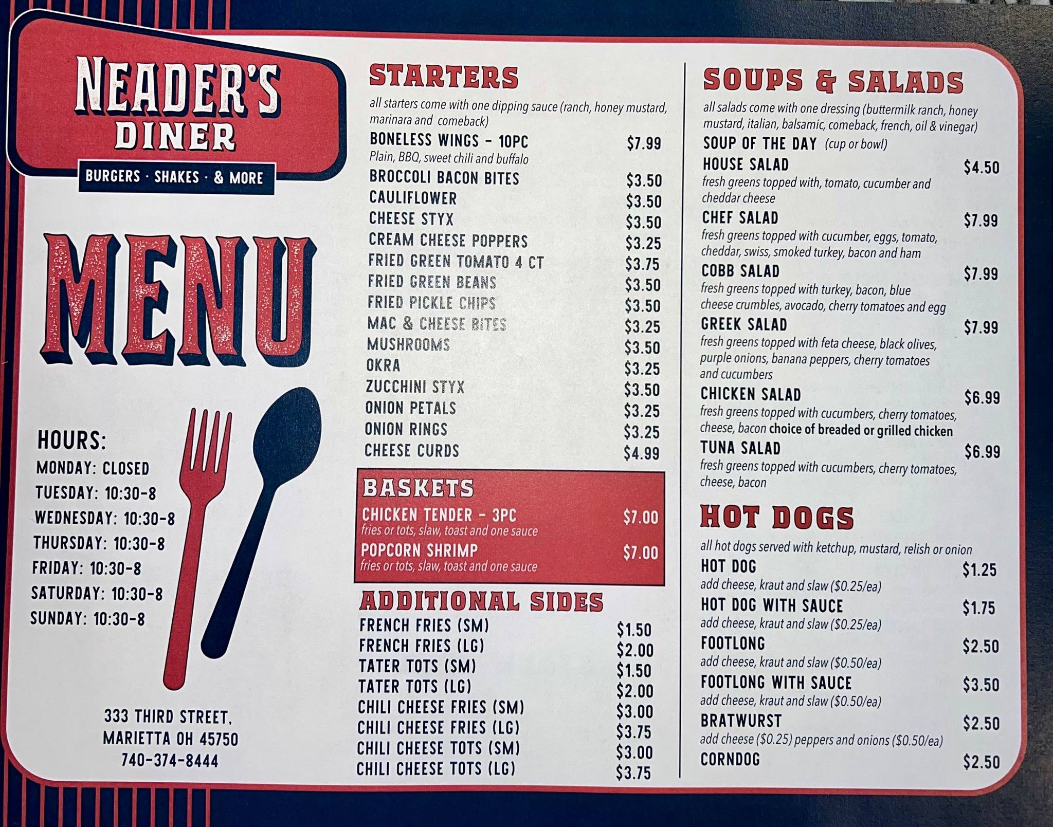 Menu at Neader's Diner restaurant, Marietta