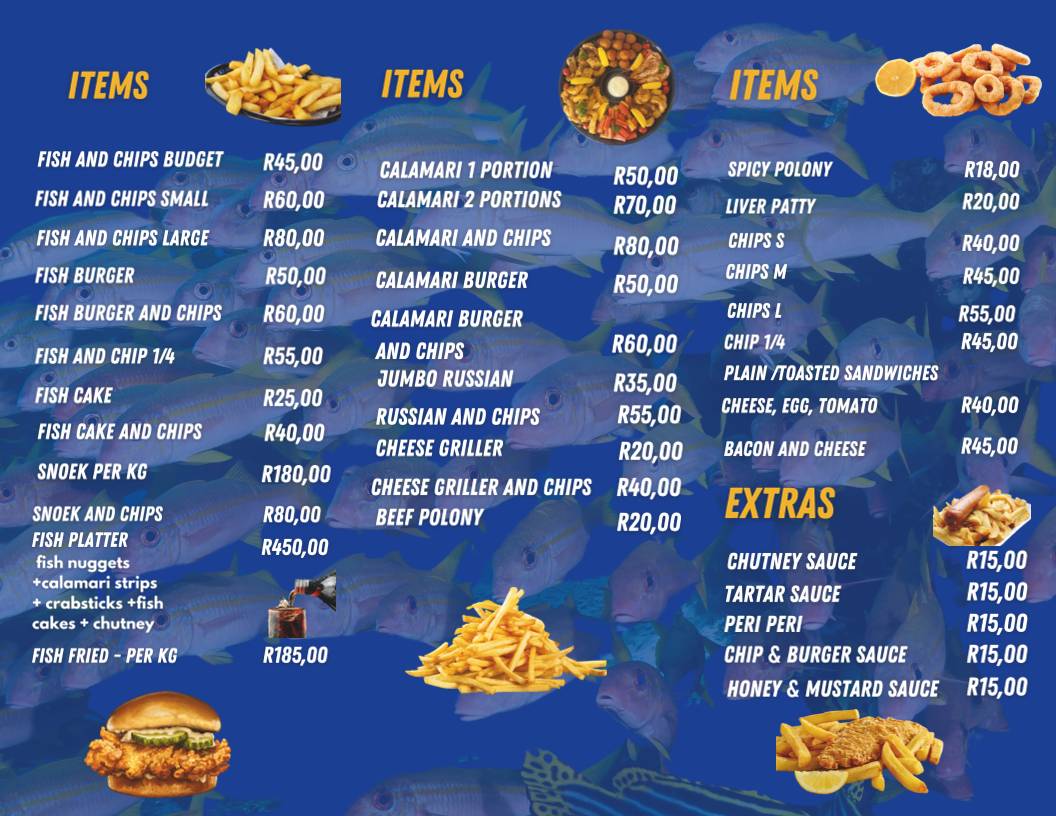 Menu at Neal's Fish & Chips restaurant, Port Elizabeth