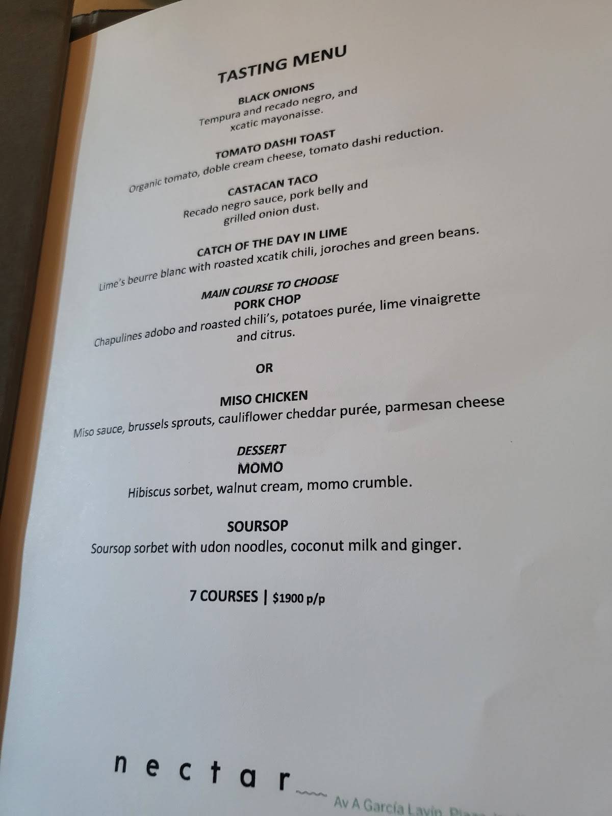 Menu at Nectar restaurant, Merida